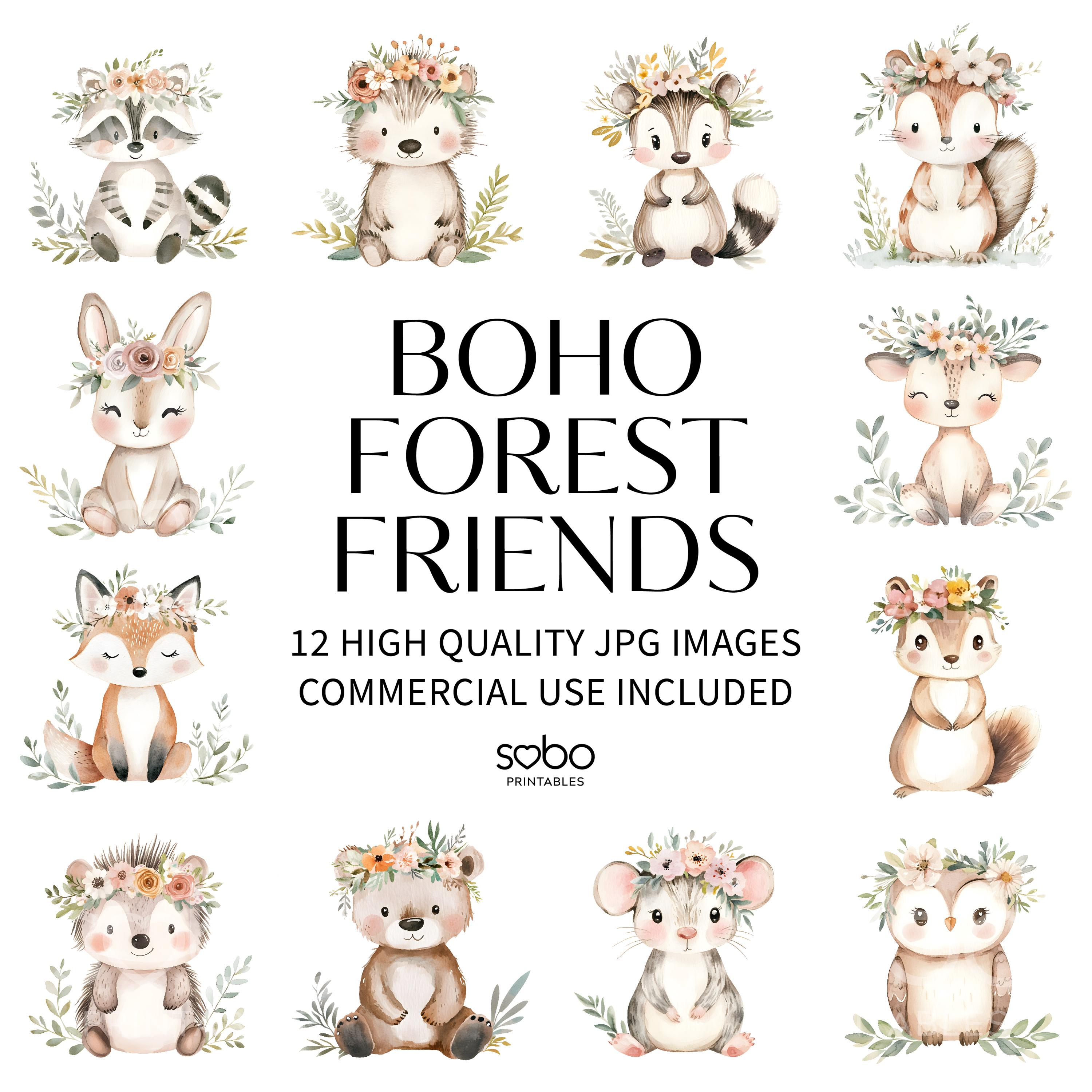 12 Boho Forest Animals Clipart, Nursery Art, Boho Woodland Animals ...