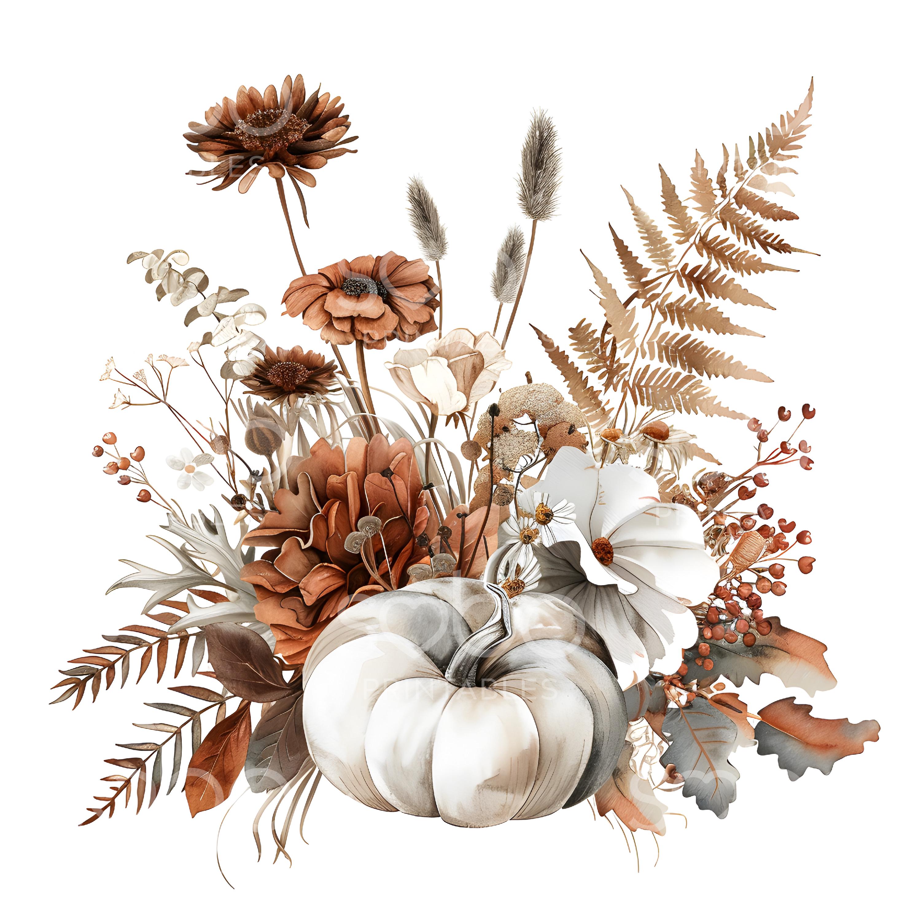 16 Boho Pumpkin Flowers Bouquet Clipart, Pumpkin Wall Art, Minimalistic ...