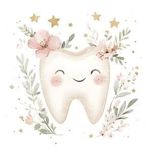 20 Boho Floral Tooth Clipart, Cute Kids Nursery, Tooth Fairy, Gold Foil ...