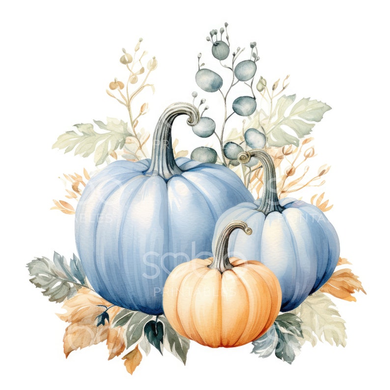 Blue Watercolor Pumpkin Clipart - 10 High Quality Jpgs, Digital ...
