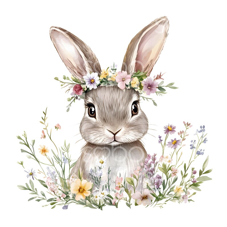 20 Floral Easter Bunny Wreath Clipart, Cute Fluffy Bunny, Easter Card ...