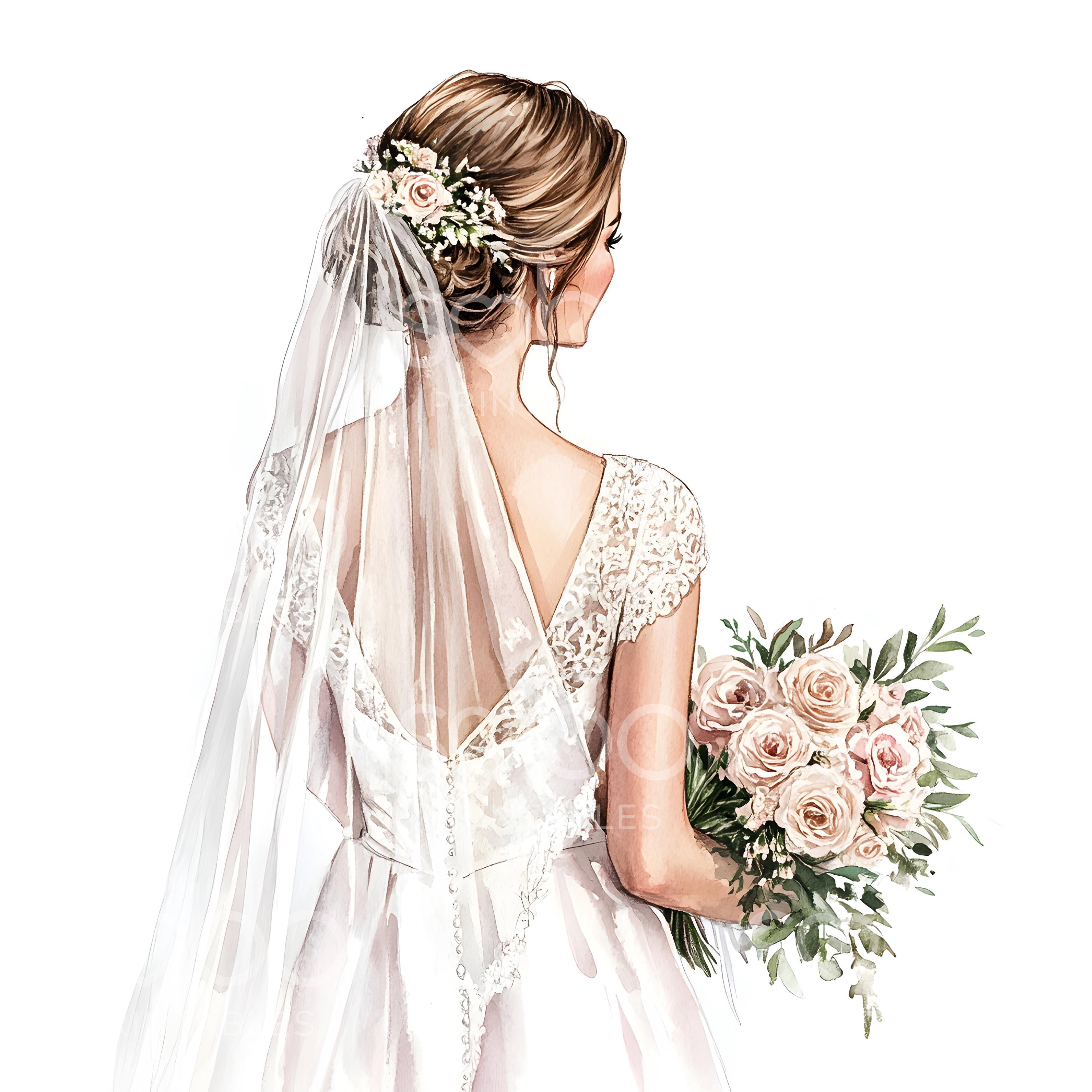 17 Bride With Bouquet Clipart, Wedding, Bride From Back, Printable ...