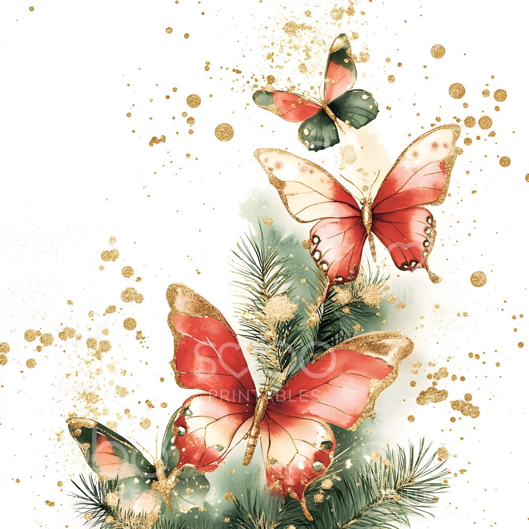 27 Christmas Butterflies Clipart, Festive Gold Butterfly, Wall Art ...
