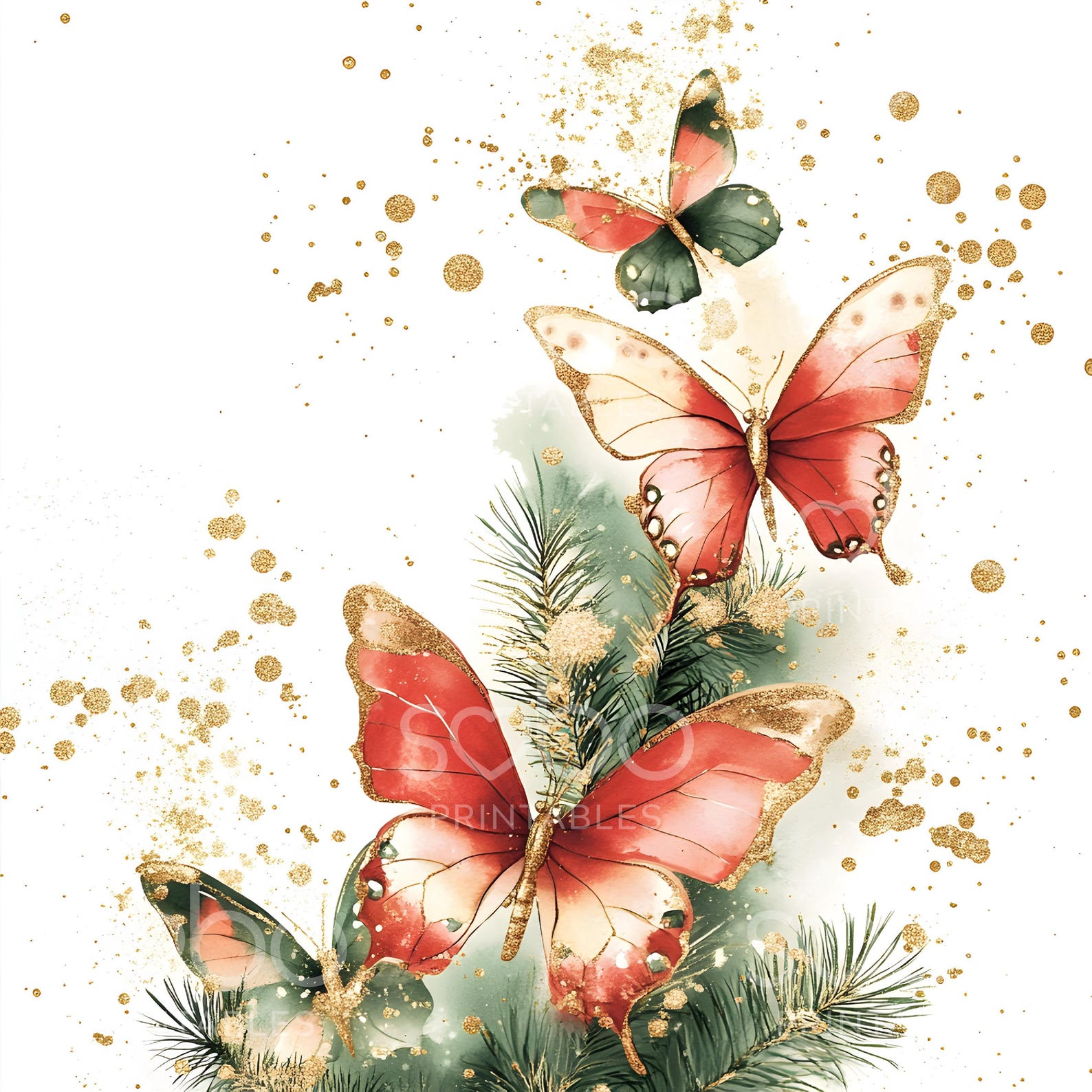 27 Christmas Butterflies Clipart, Festive Gold Butterfly, Wall Art ...