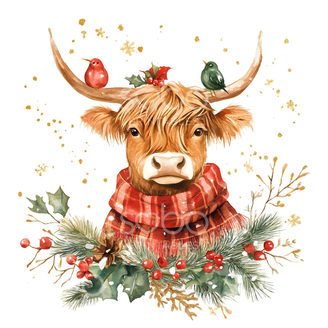 17 Christmas Highland Cow Clipart, Festive Farm Cute Cow, Christmas ...