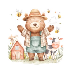 14 Farmer Brown Bear Clipart, Nursery Farm Invite, Kids Watercolor Art ...