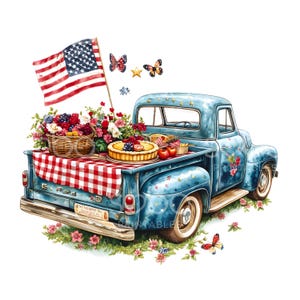 23 Patriotic Truck Clipart, 4th of July Picnic, Printable Watercolor ...