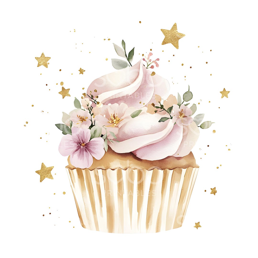 30 Boho Pastel Cupcake Clipart, Kids Birthday Cupcakes Invite, Gold ...