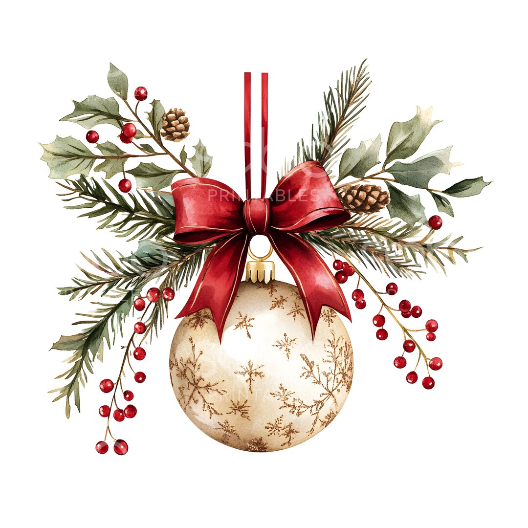 27 Xmas Red Ornament Clipart, Christmas Card, Gold Xmas Baubles ...