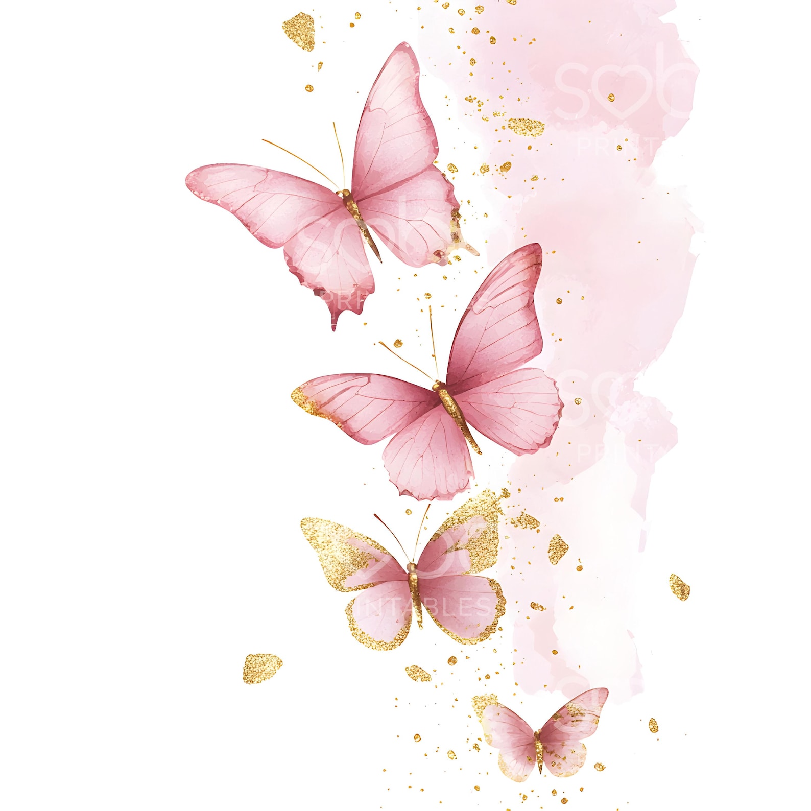 14 Pink Butterflies Clipart, Gold Butterfly, Wall Art, Watercolor ...