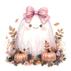 16 Pink Halloween Cute Ghost, Coquette Bows, Spooky Clipart, Printable ...