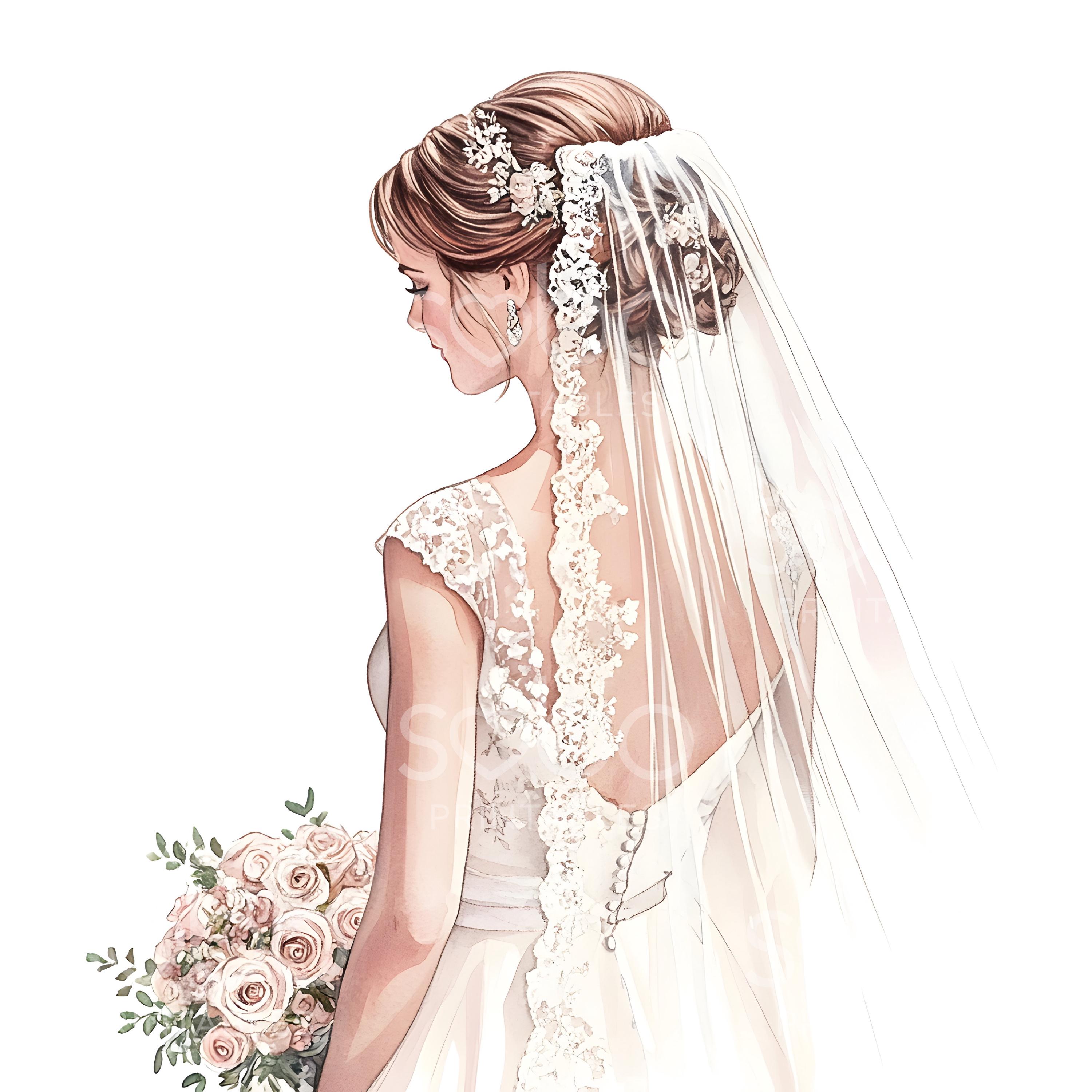 17 Bride With Bouquet Clipart, Wedding, Bride From Back, Printable ...