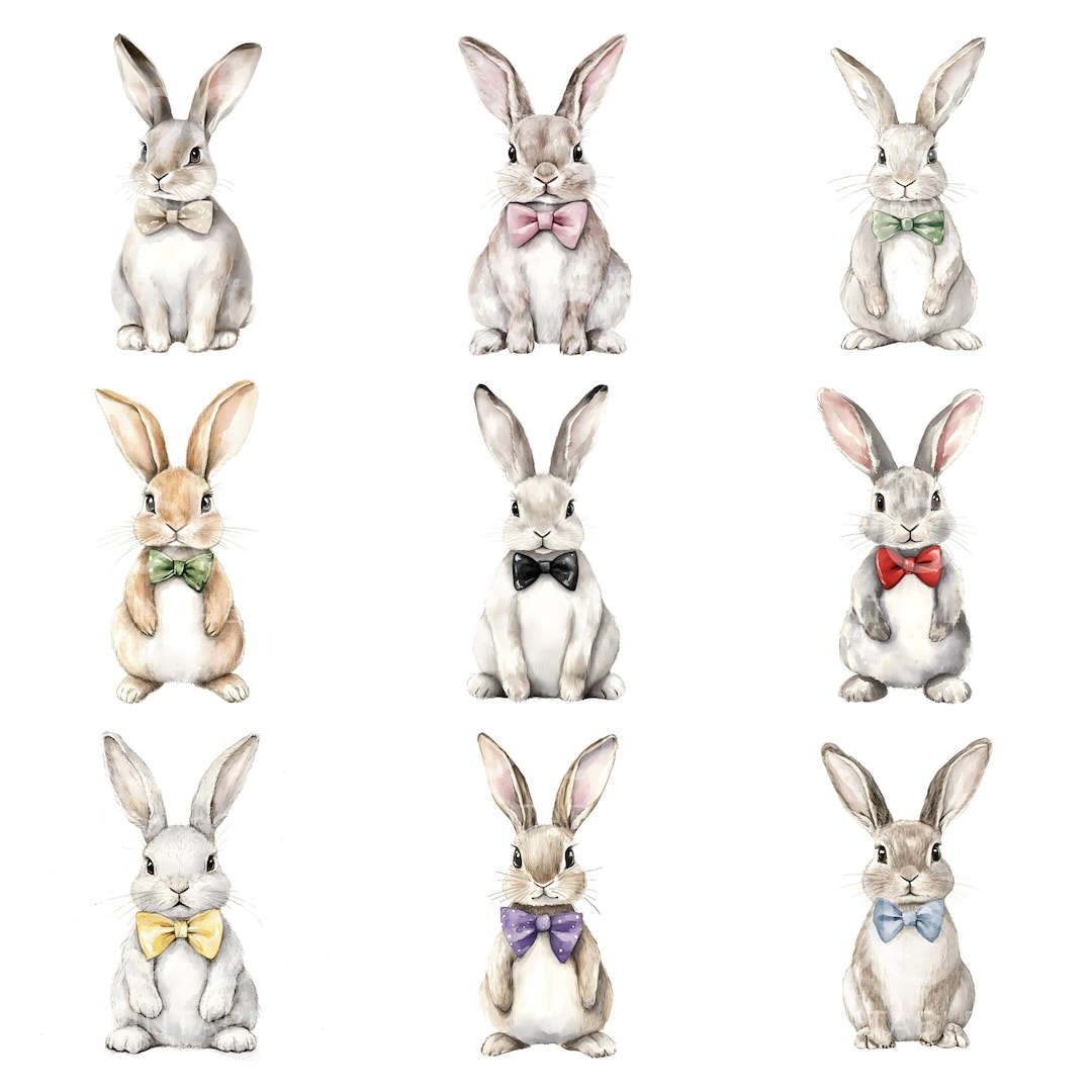 17 Easter Bunny With Bow Tie Clipart, Cute Fluffy Bunny, Easter Card ...
