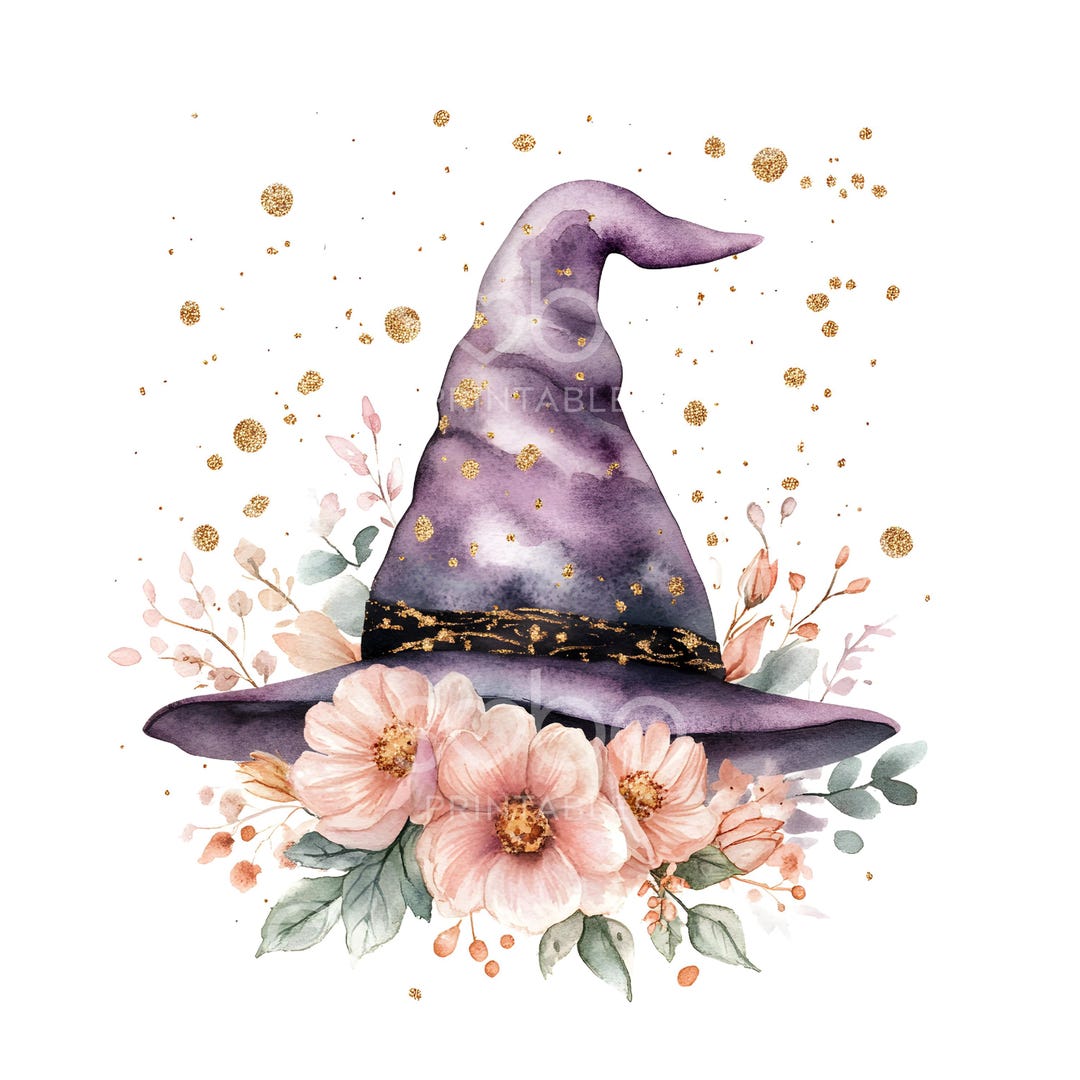 30 Floral Witch Hat Clipart, Witchy Halloween Printable Watercolor Art ...