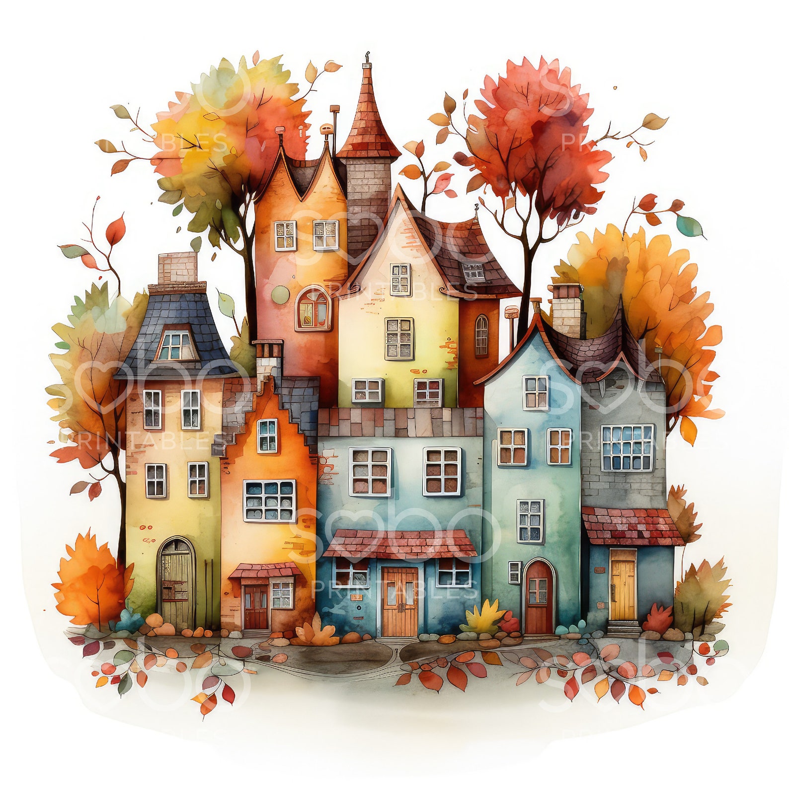 Quirky Autumn Houses - 11 High Quality Jpgs, Wall Art, Scrapbook, Junk ...