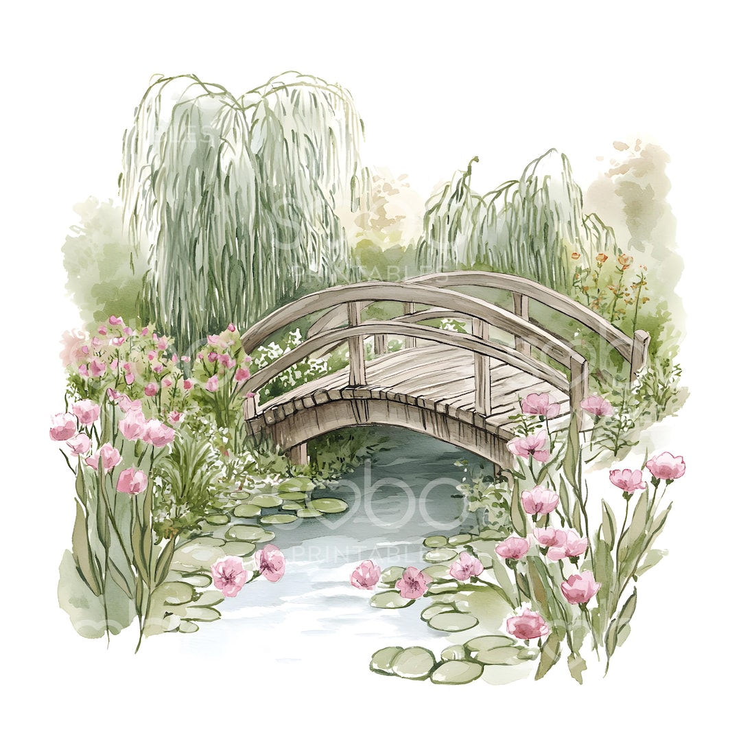 25 Floral Wood Bridge Clipart, Spring Bridge, Printable Watercolor Art ...
