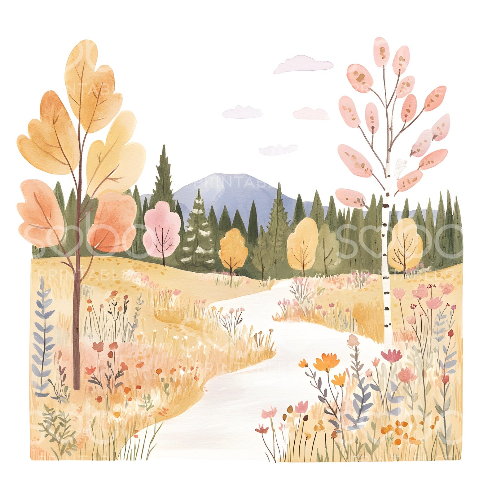17 Cute Autumn Nature Clipart, Fall Autumn Forest Landscape, Watercolor ...