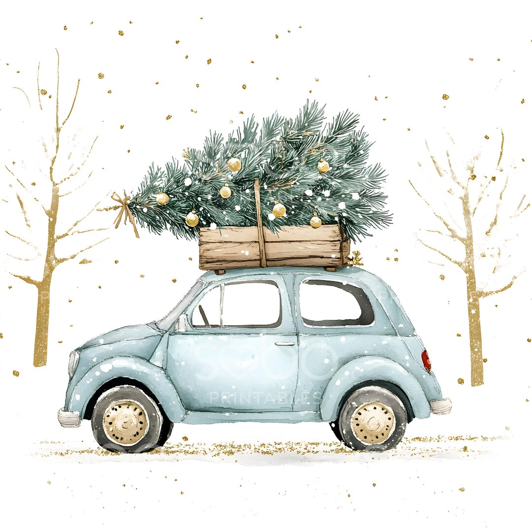 17 Vintage Christmas Blue Car Clipart, Blue Retro Car Fir Tree, Gold ...