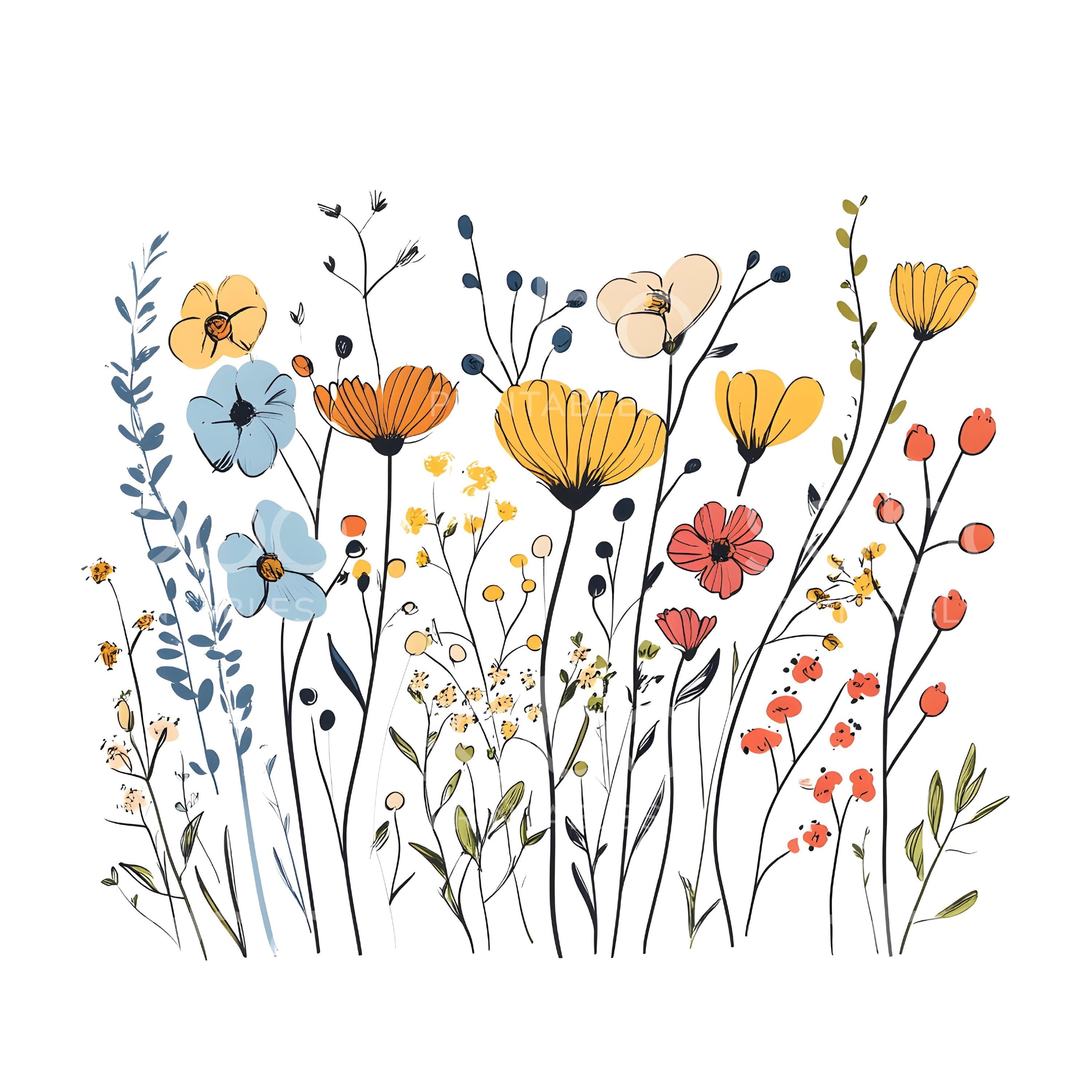 32 Sketched Colored Wildflowers Clipart, Doodle Hand Drawn Botanical ...
