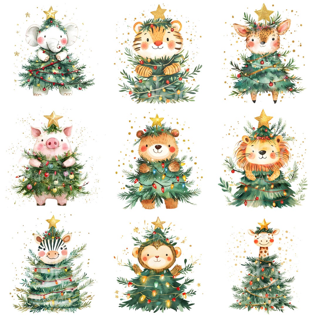 15 Christmas Tree Animals Clipart, Tiger, Monkey, Pig, Cute Safari ...