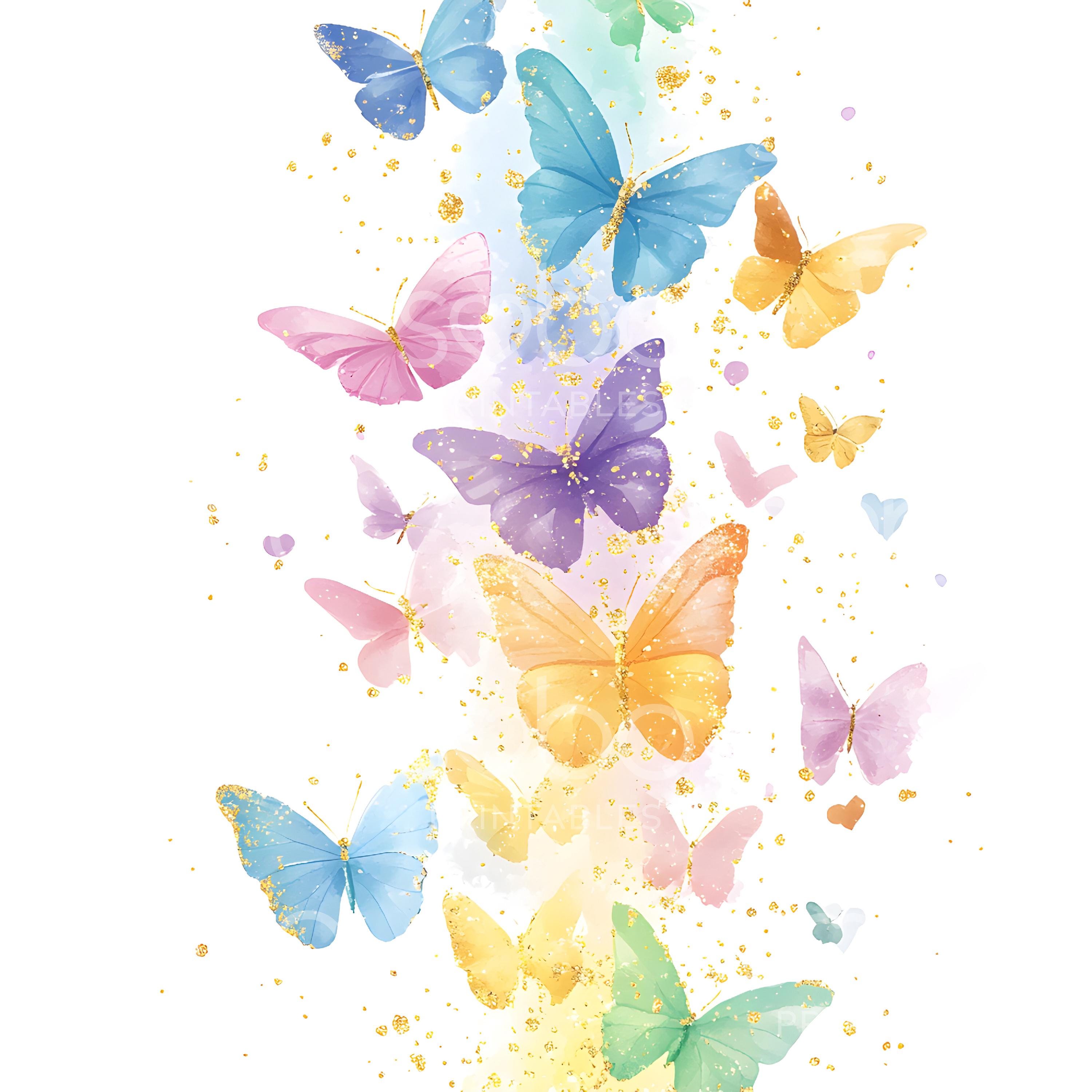 20 Rainbow Butterflies Clipart, Pastel Rainbow, Colourful Gold ...
