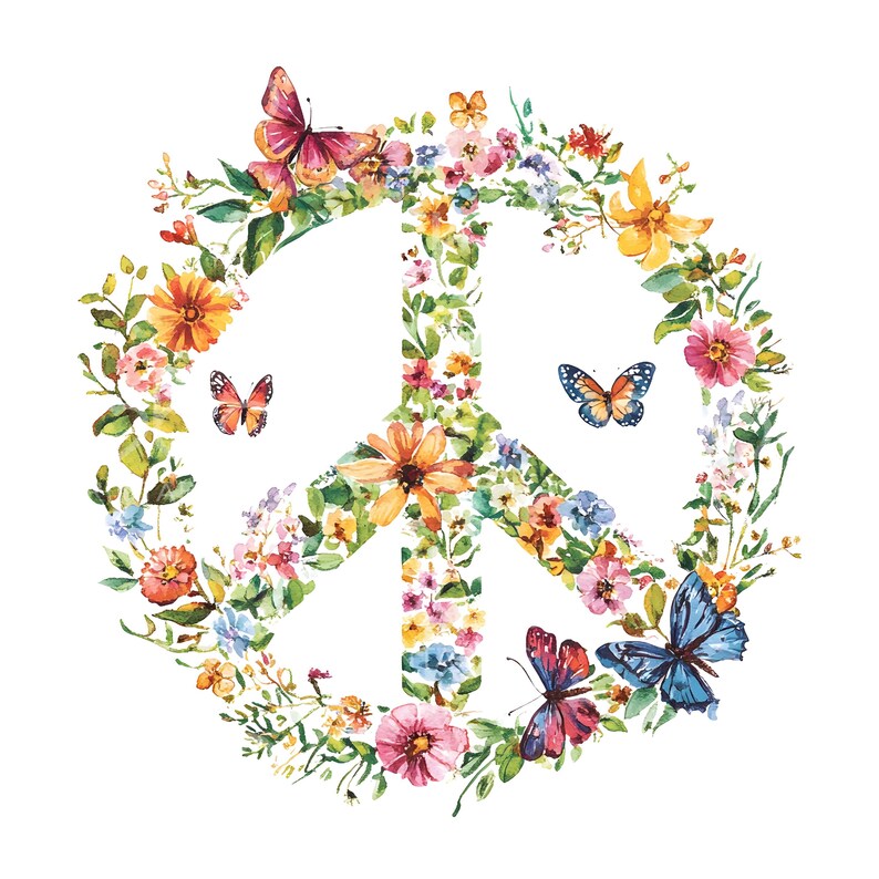 20 Floral Peace Sign Clipart, Retro Peace Sign, Butterflies Flowers Art ...