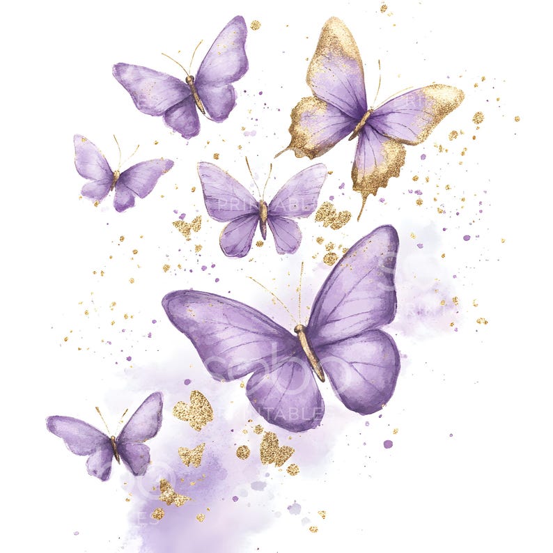 22 Purple Butterflies Clipart, Lilac Gold Butterfly, Wall Art ...