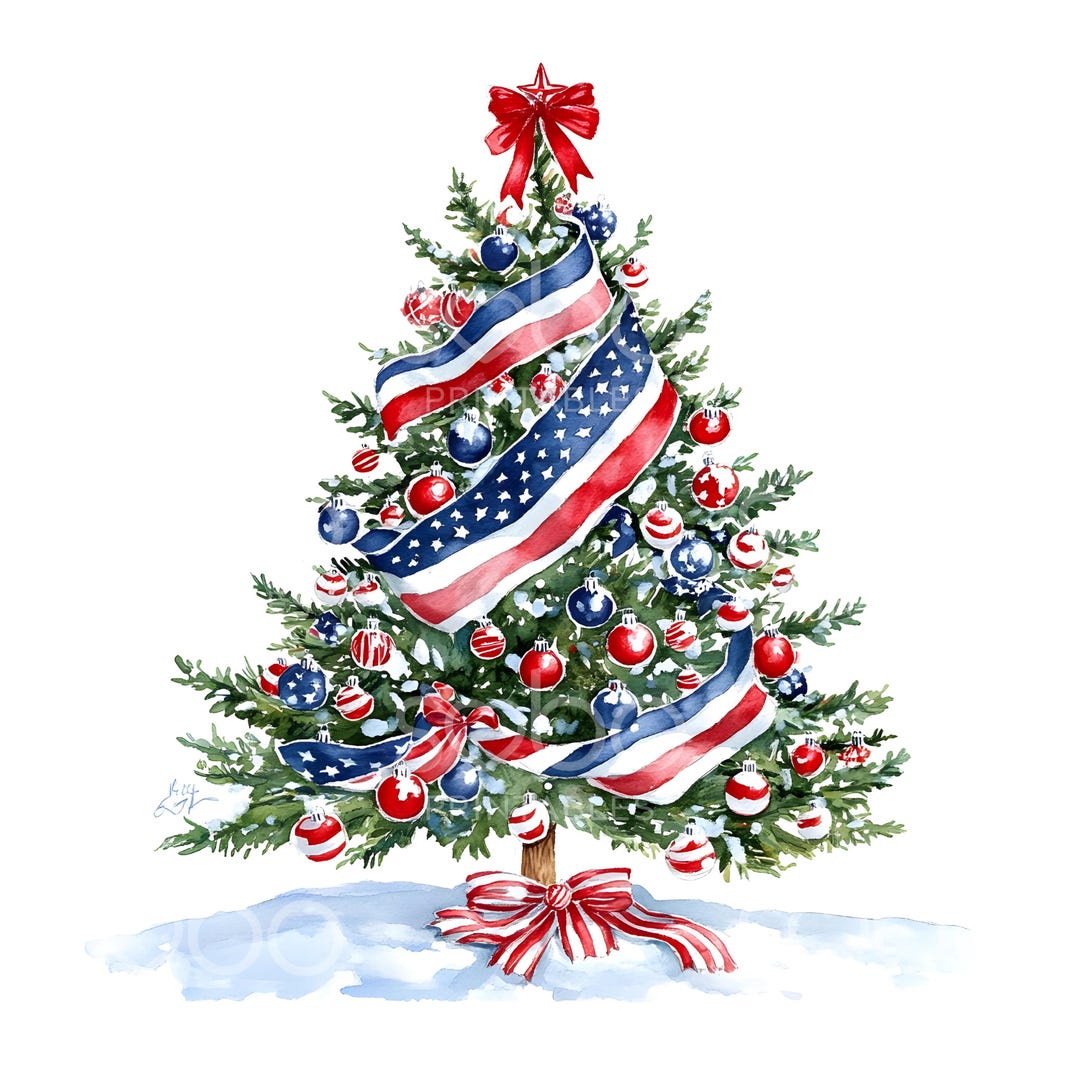 26 Patriotic Christmas Tree Clipart, USA Flag, 4th of July, Watercolor ...