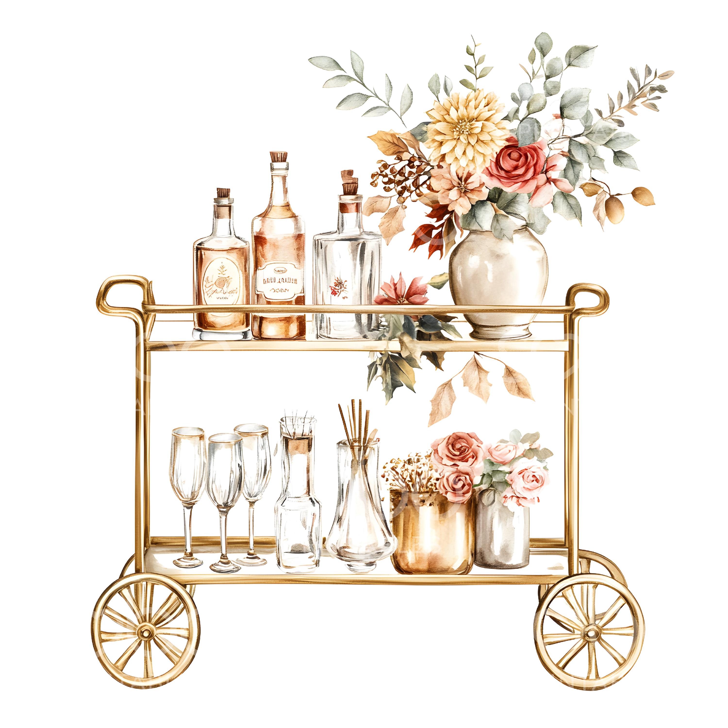 16 Gold Bar Cart Clipart, Christmas Bar, Cocktail Bar, Watercolor Wall ...