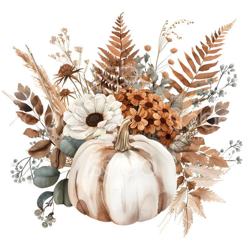 16 Boho Pumpkin Flowers Bouquet Clipart, Pumpkin Wall Art, Minimalistic ...