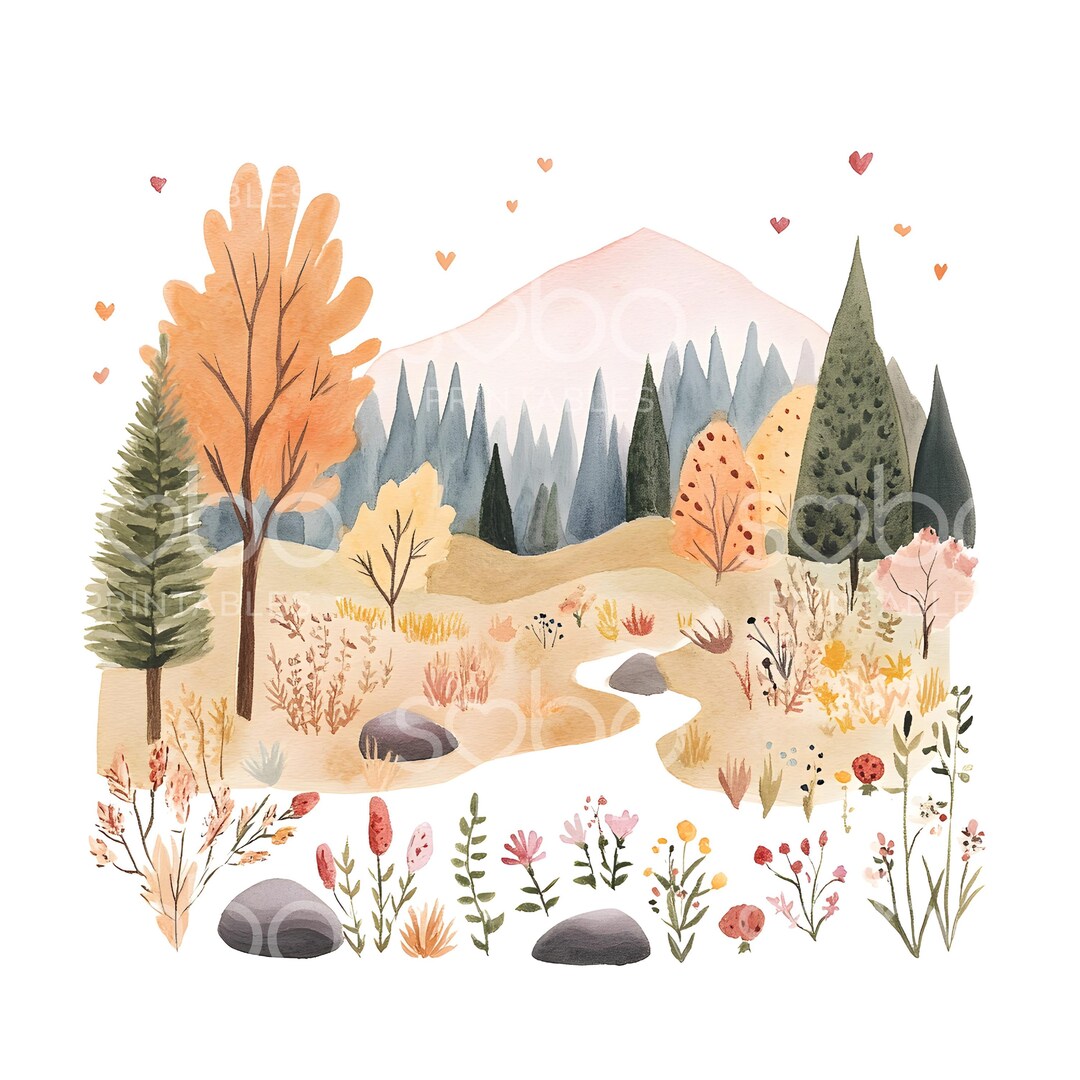17 Cute Autumn Nature Clipart, Fall Autumn Forest Landscape, Watercolor ...