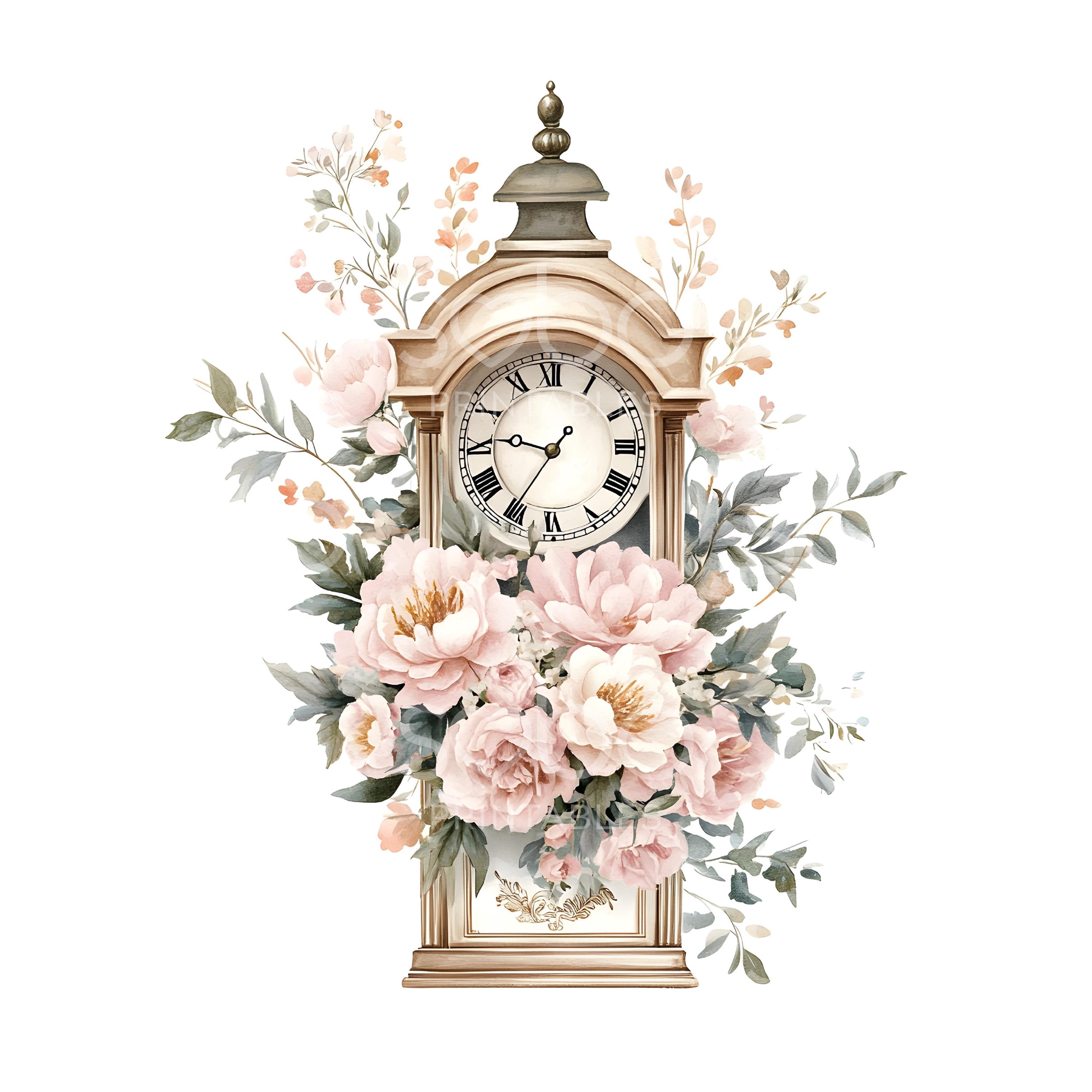 24 Vintage Floral Clock Clipart, Victorian Clock, Printable Watercolor ...