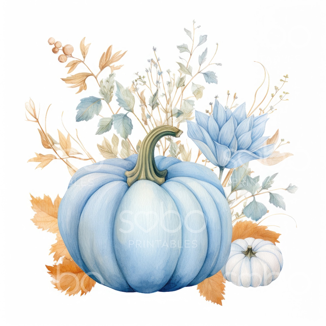 Blue Watercolor Pumpkin Clipart - 10 High Quality Jpgs, Digital ...