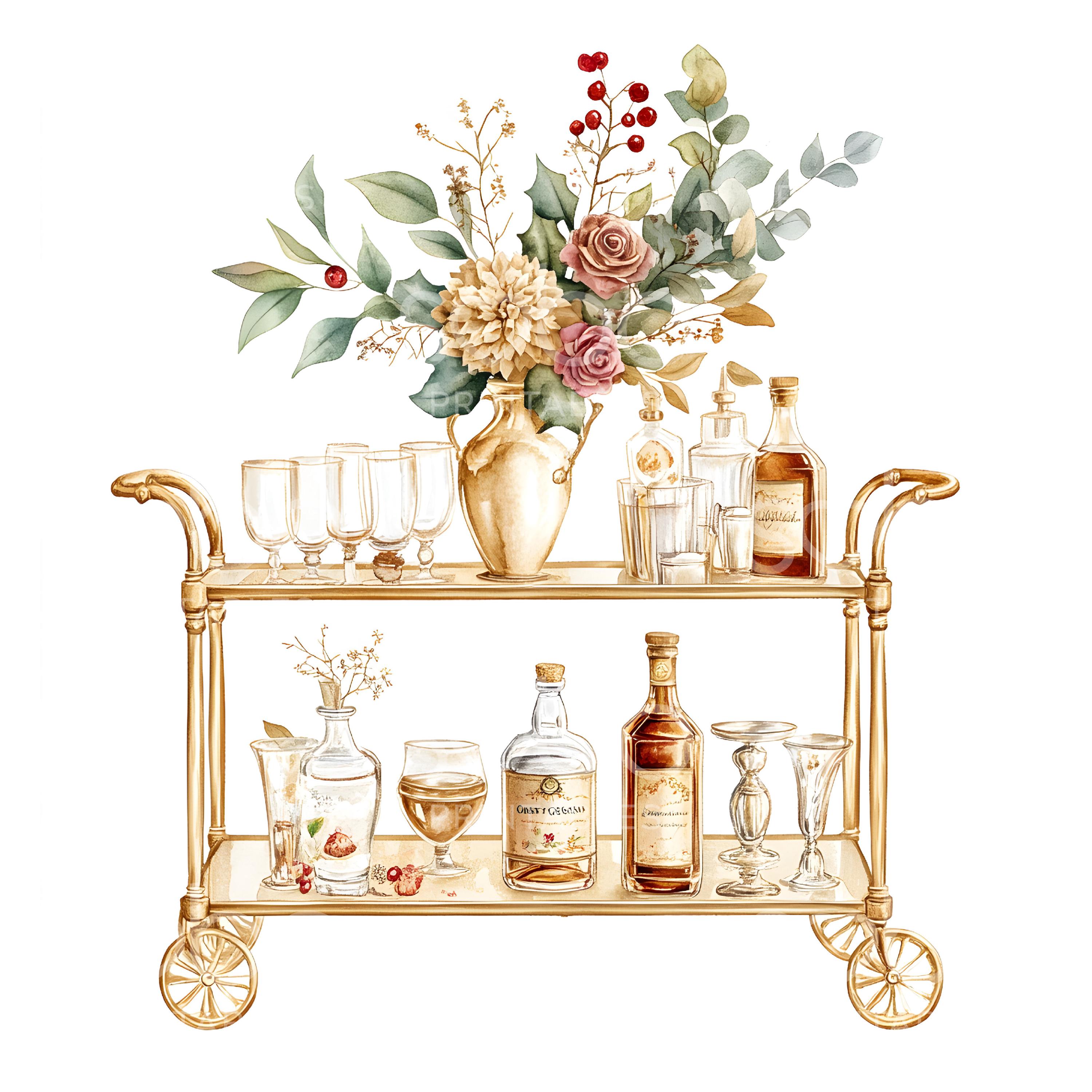 16 Gold Bar Cart Clipart, Christmas Bar, Cocktail Bar, Watercolor Wall ...