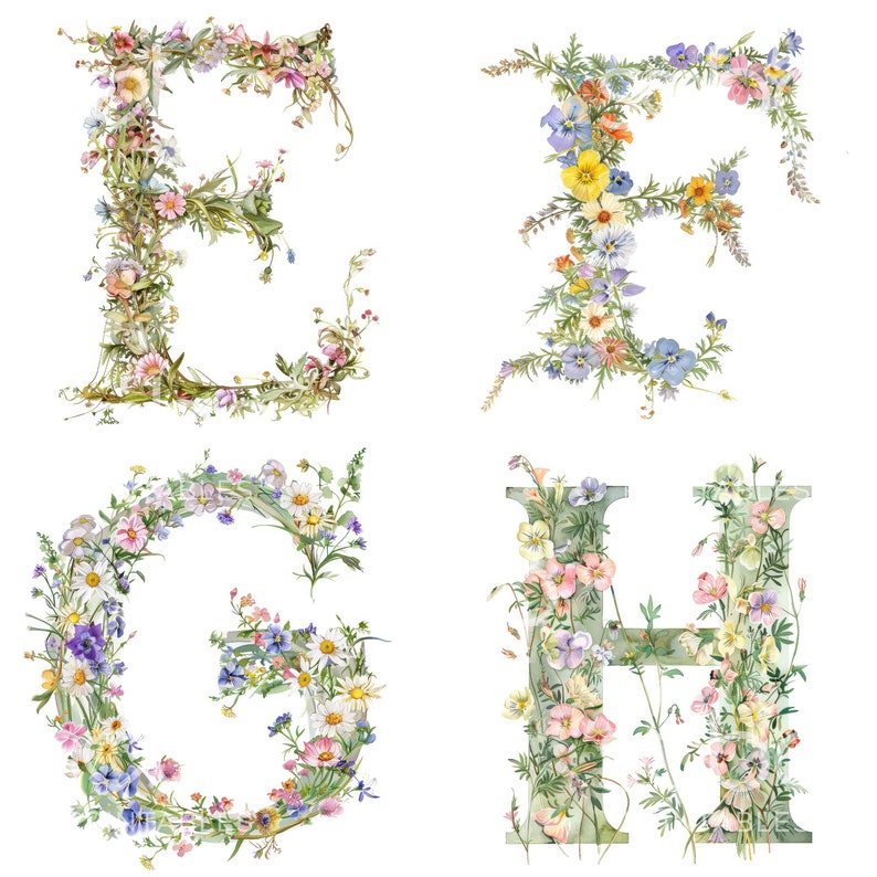 26 Delicate Wildflower Alphabets Clipart, Wedding Watercolor Floral ...