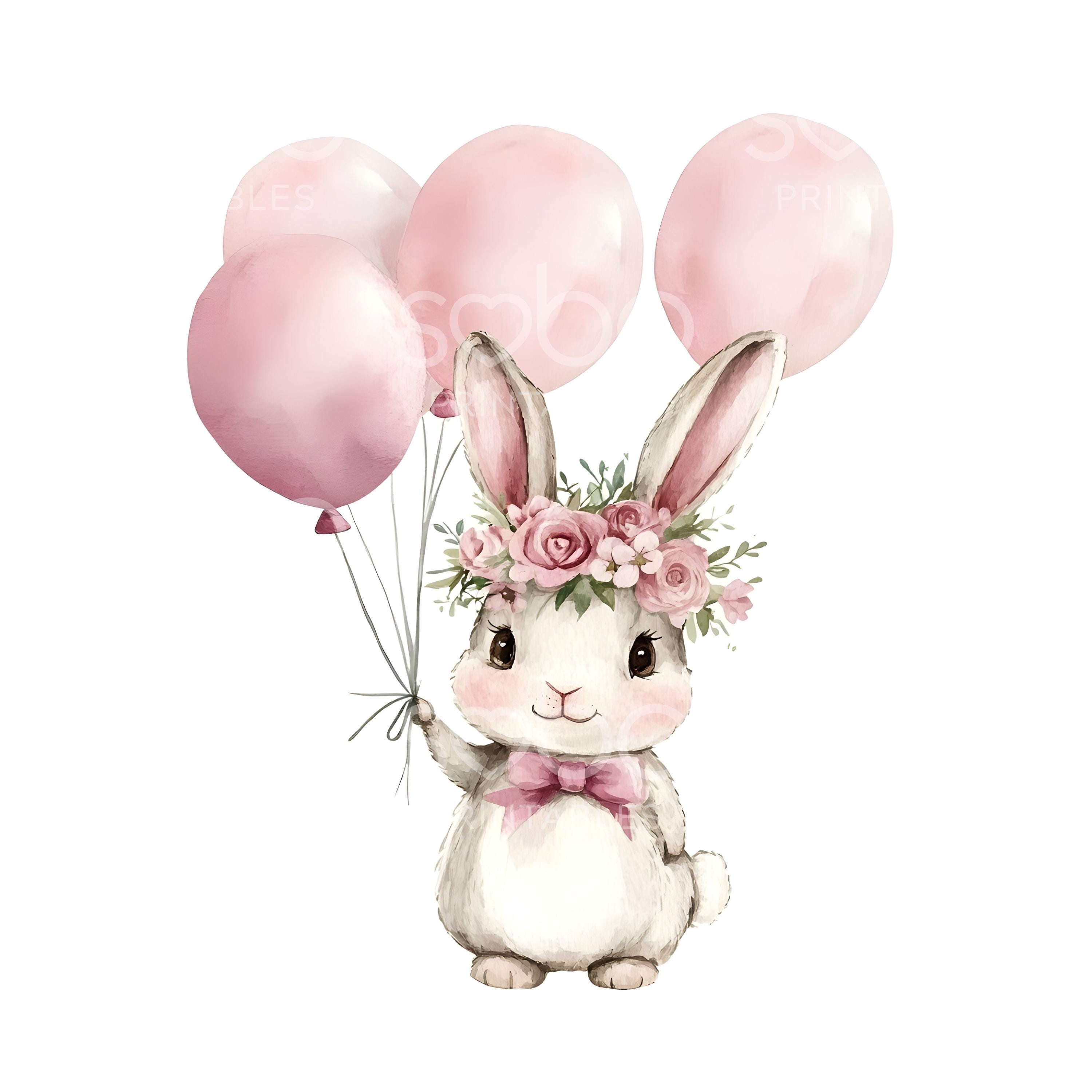 21 Cute Bunny With Balloons Clipart, Floral Easter Bunny, Easter Card ...