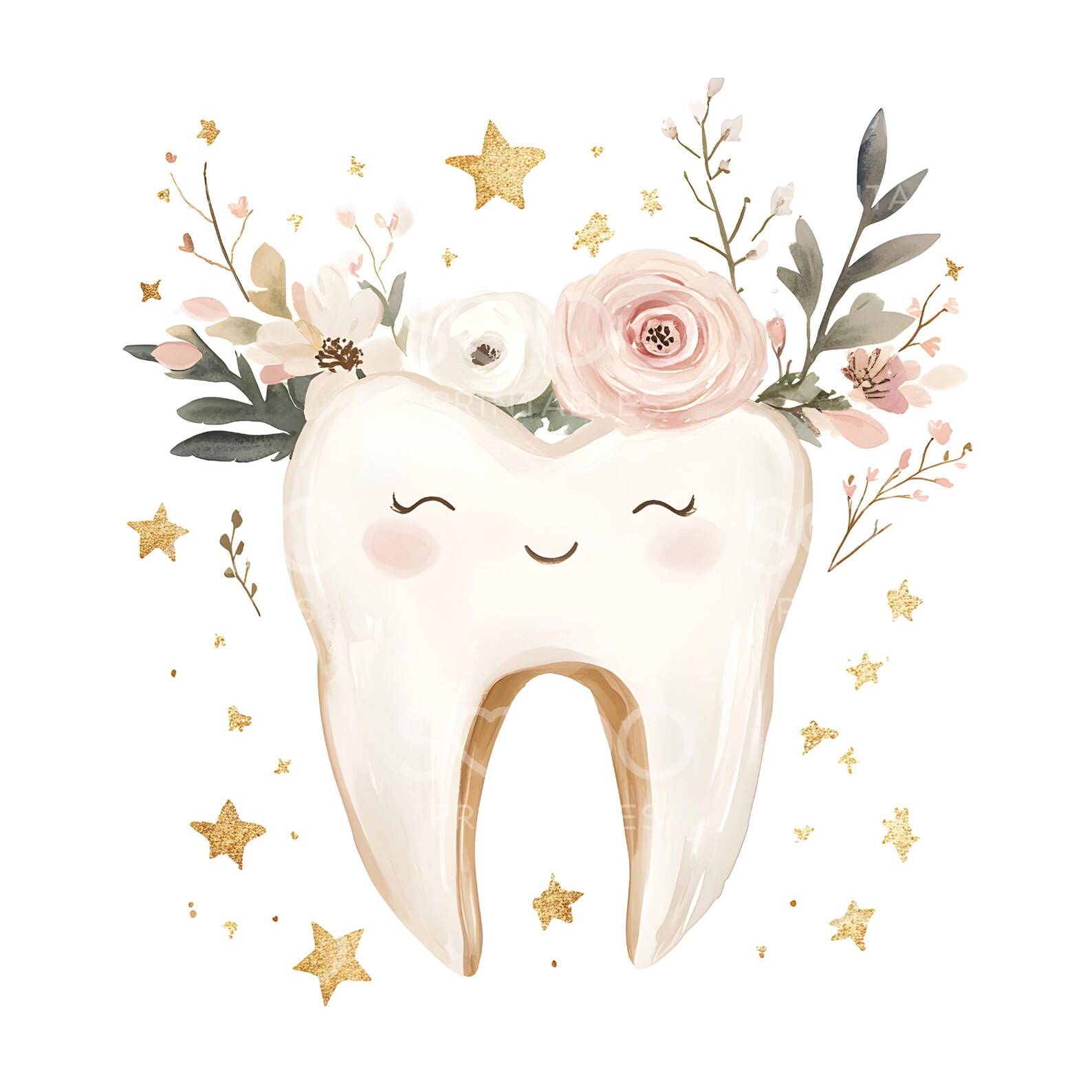 20 Boho Floral Tooth Clipart, Cute Kids Nursery, Tooth Fairy, Gold Foil ...