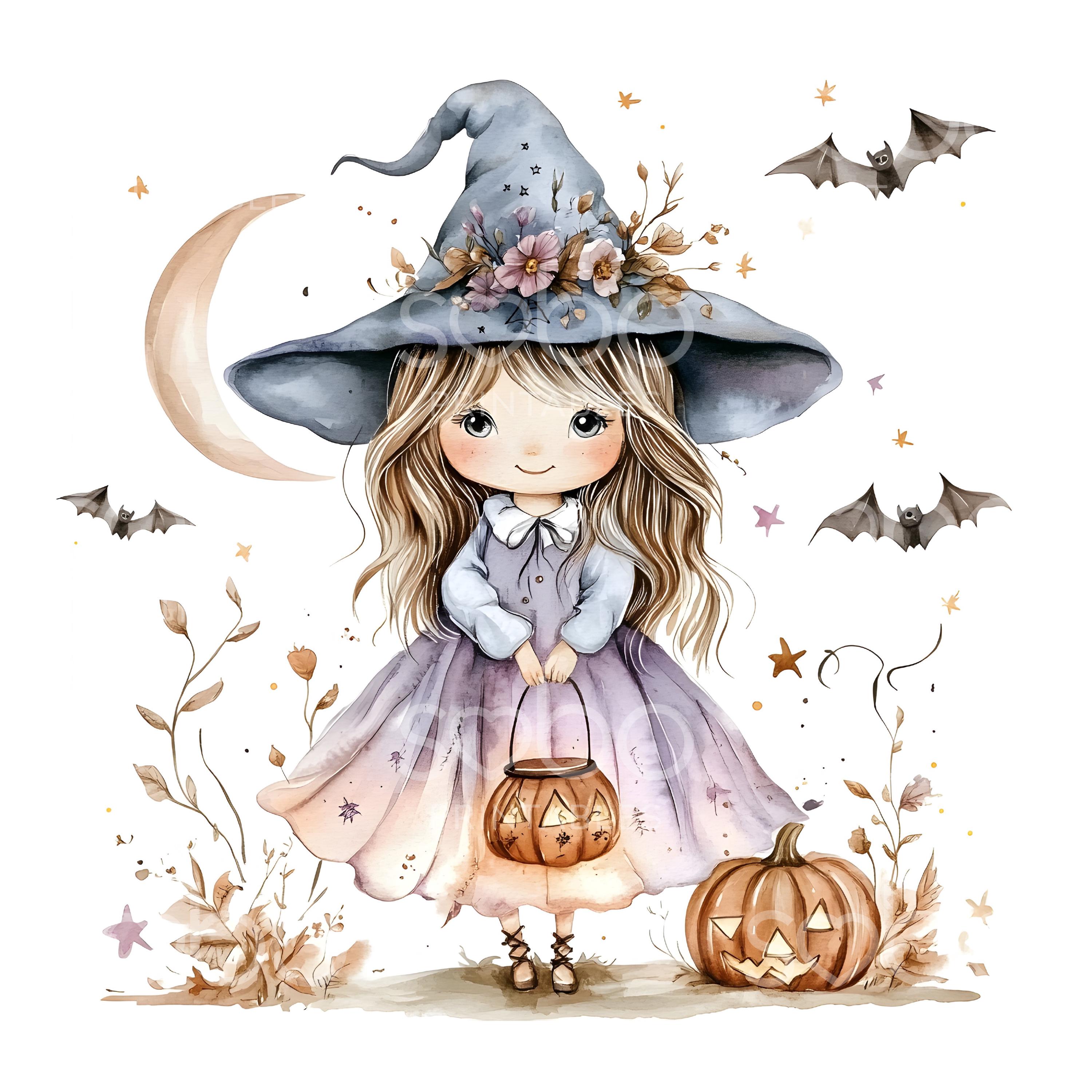 21 Cute Moon Witch Clipart, Witchy Halloween, Printable Watercolor Art ...