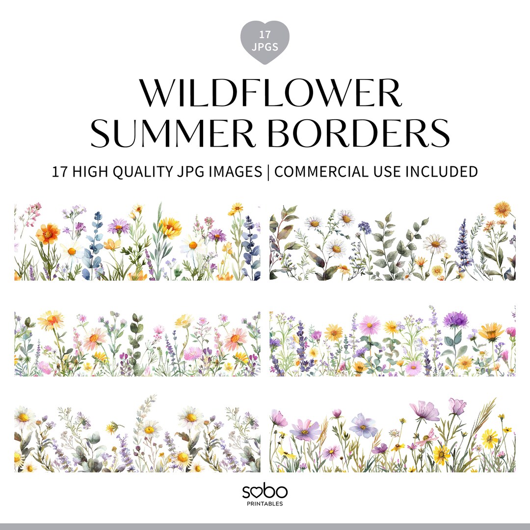 17 Summer Borders Clipart Border, Wildflowers Border Clipart, Digital ...