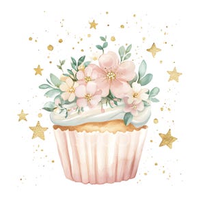 30 Boho Pastel Cupcake Clipart, Kids Birthday Cupcakes Invite, Gold ...