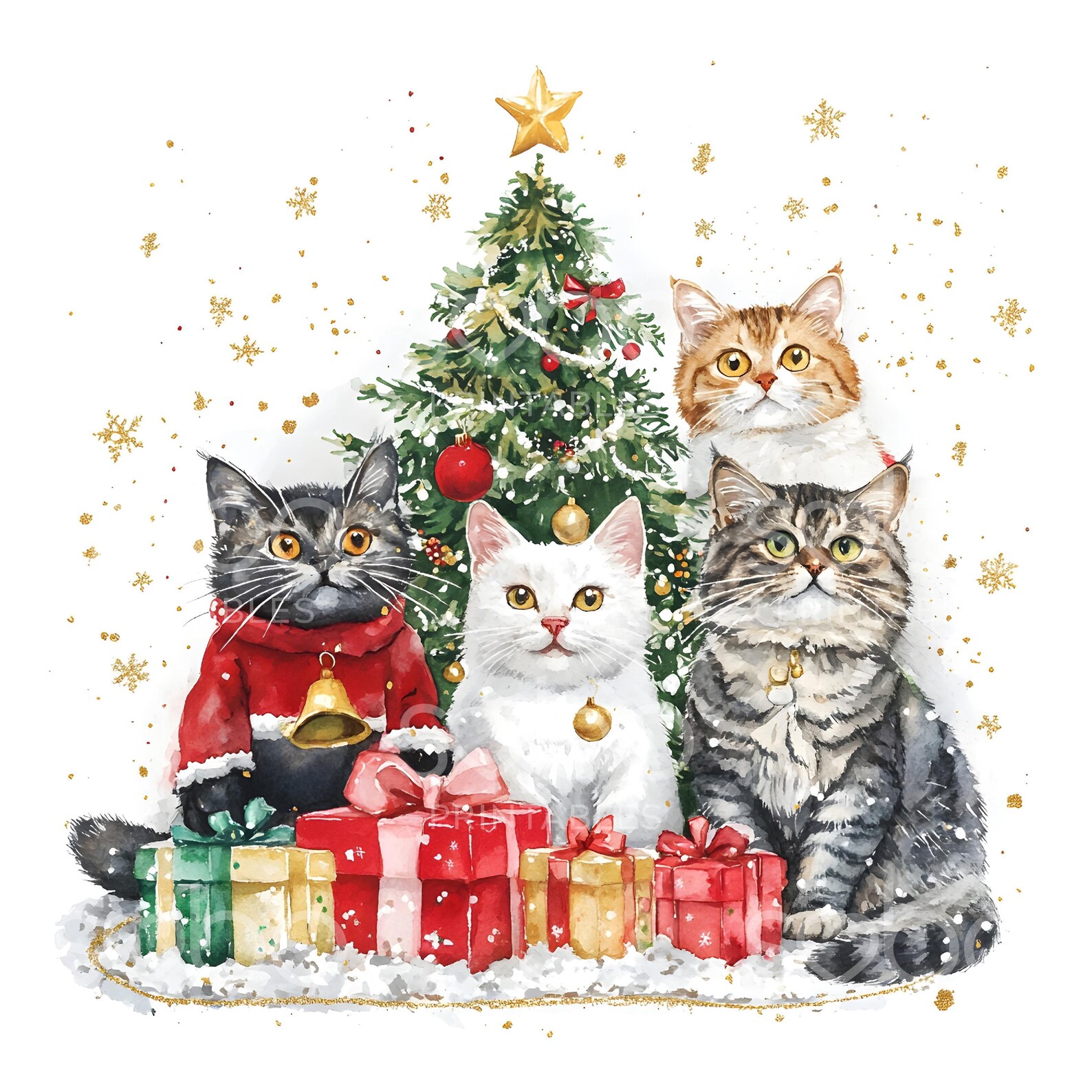 24 Christmas Tree Cats Clipart, Festive Cats, Watercolour Christmas ...