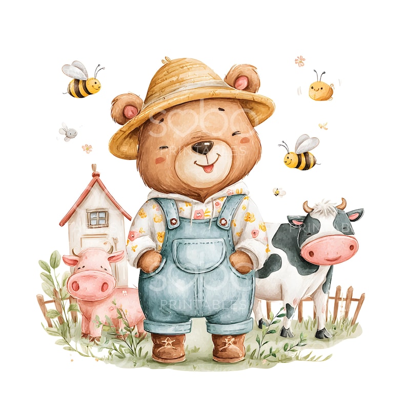 14 Farmer Brown Bear Clipart, Nursery Farm Invite, Kids Watercolor Art ...