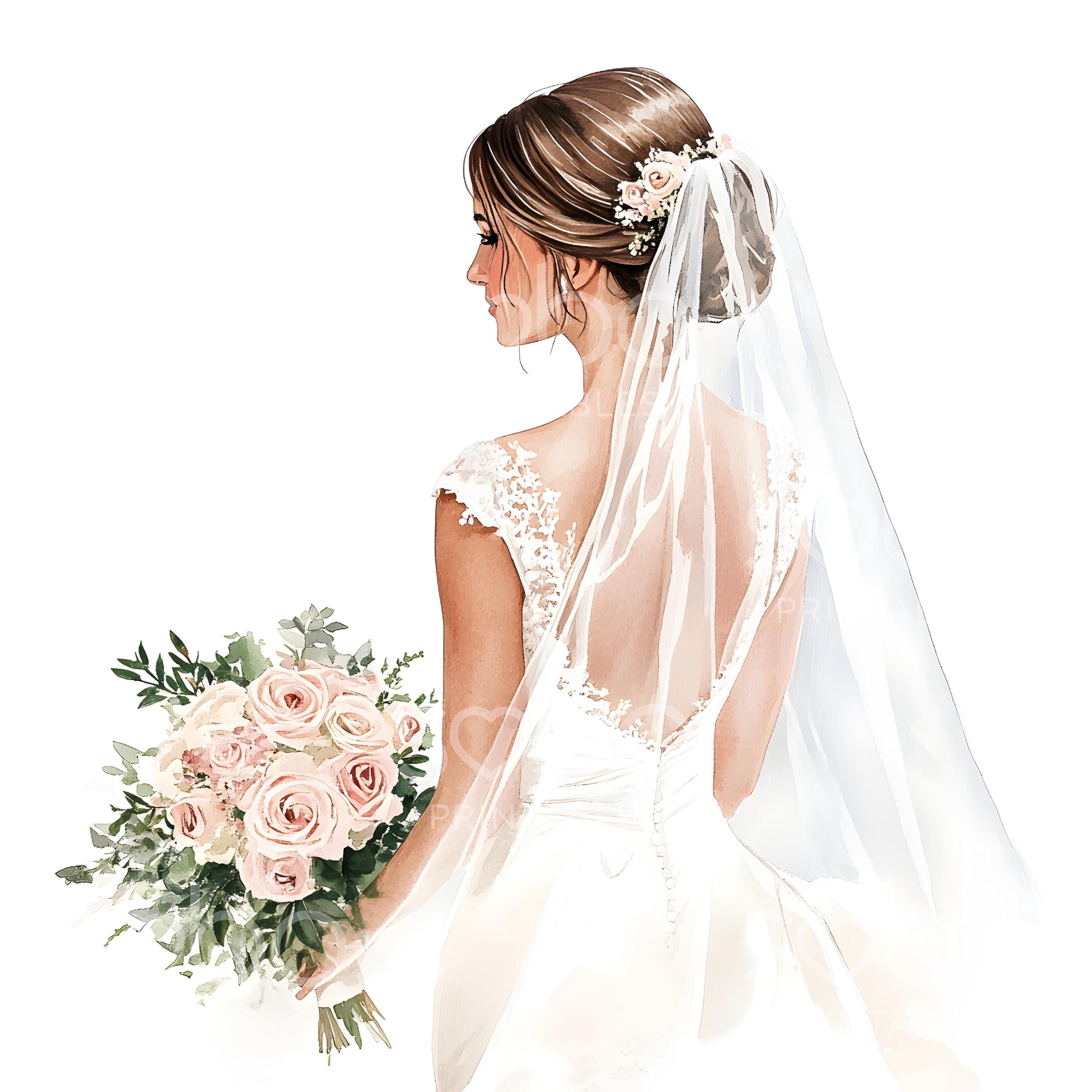 17 Bride With Bouquet Clipart, Wedding, Bride From Back, Printable ...
