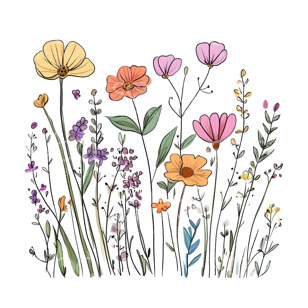 32 Sketched Colored Wildflowers Clipart, Doodle Hand Drawn Botanical ...