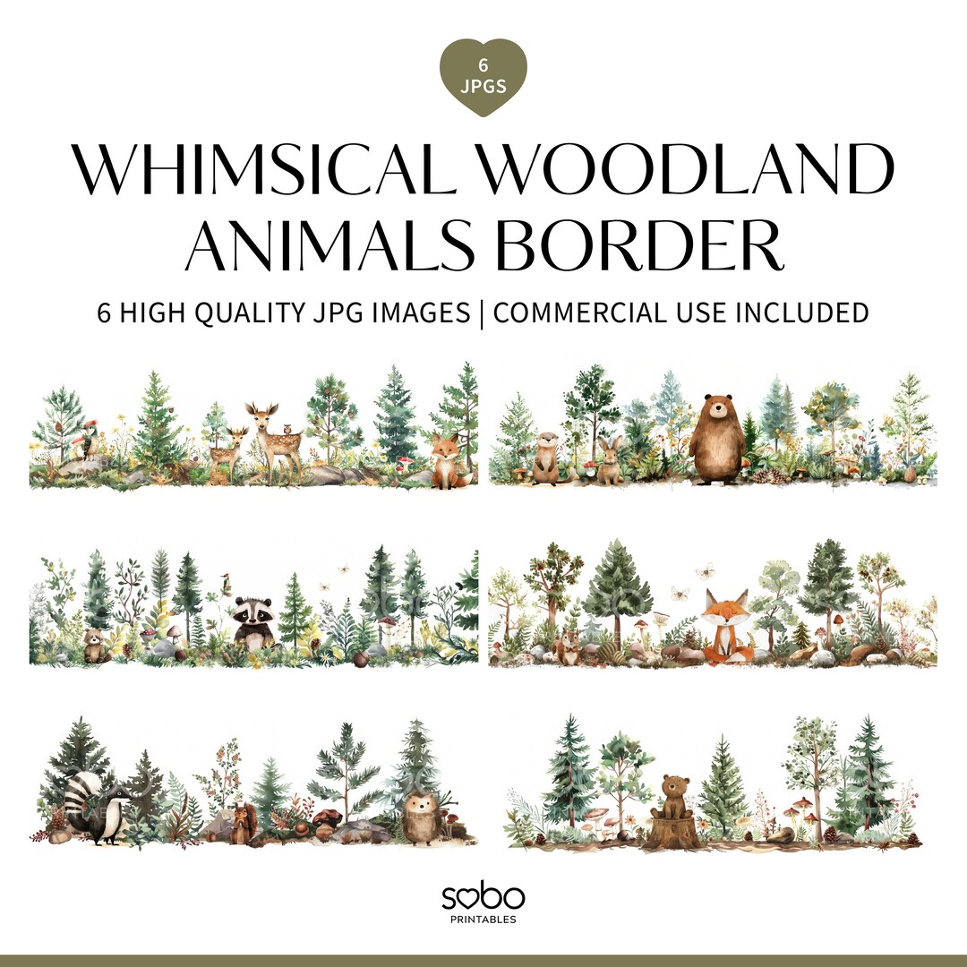 6 Whimsical Woodland Animals Clipart Border, Cute Forest Animals ...