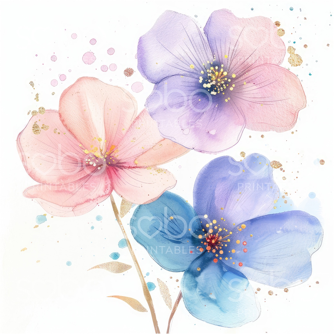 Abstract Blue Pink Flowers Clipart - 27 High Quality Jpgs, Digital ...
