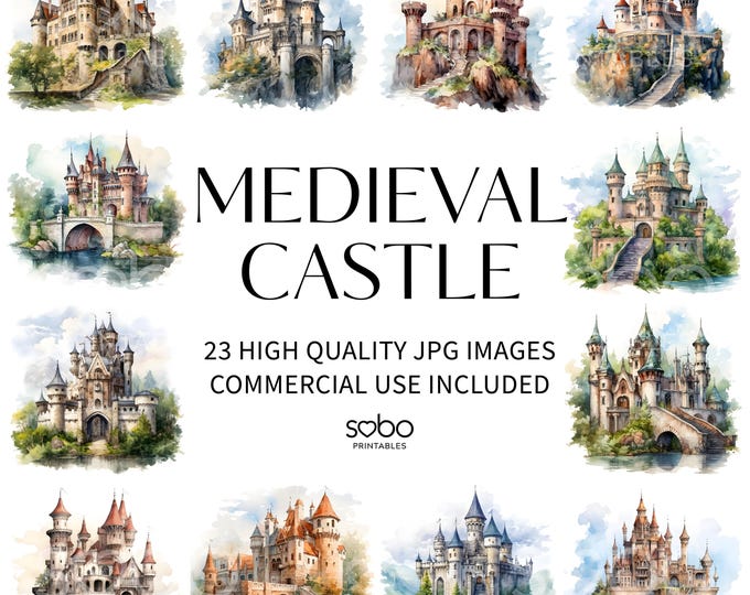 12 Medieval Castle Landscape Clipart, Printable Watercolor Clipart ...