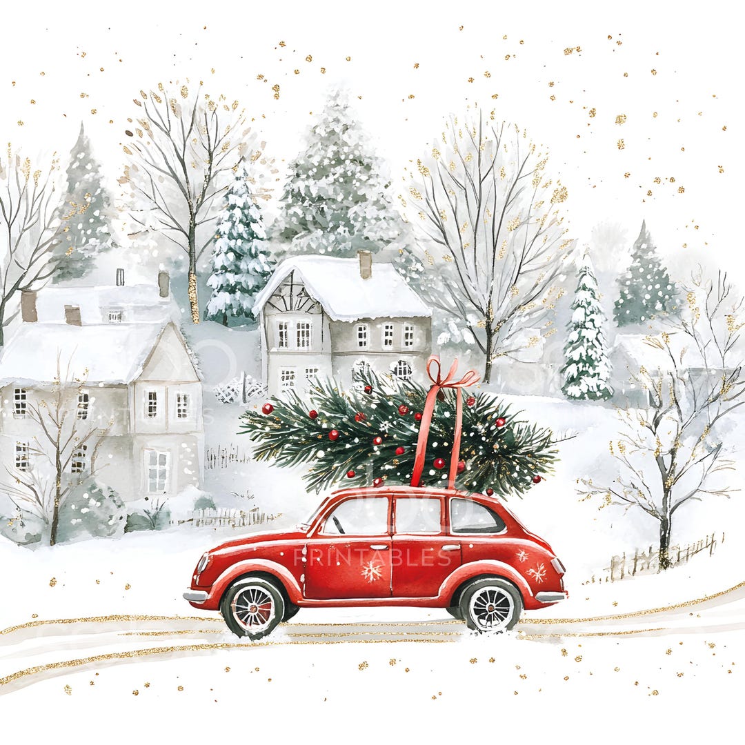 16 Vintage Christmas Red Car Clipart, Red Retro Car Fir Tree, Gold Foil ...
