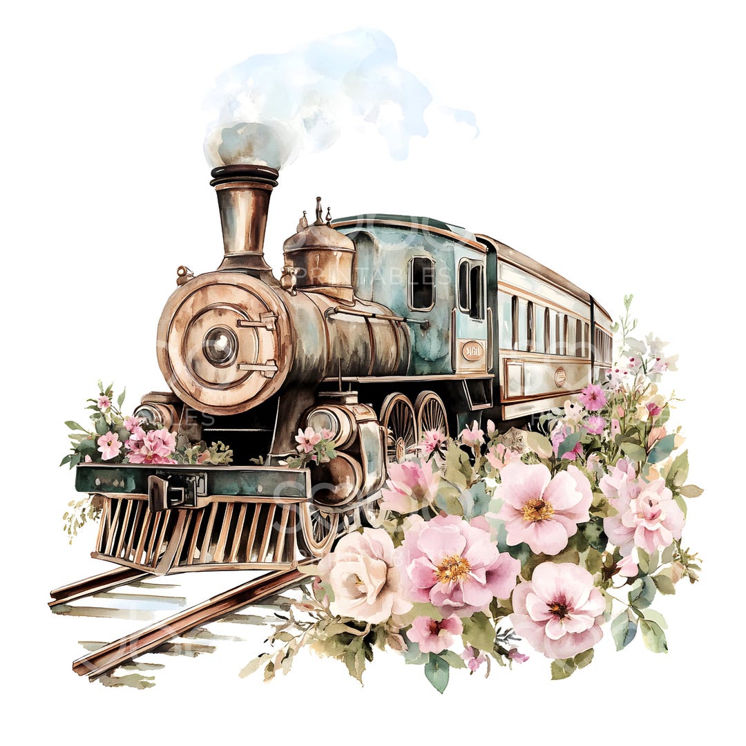 16 Floral Old Train Clipart, Floral Locomotive, High Quality Jpgs ...