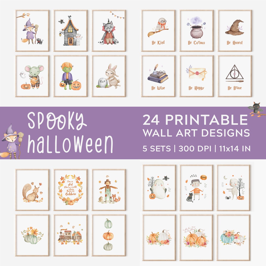 Spooky Halloween - Set of 24, Kids Room Wall Art, Ghost Black Cat ...